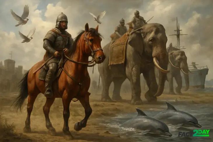 Animals in war history: animals serving in battlefields.