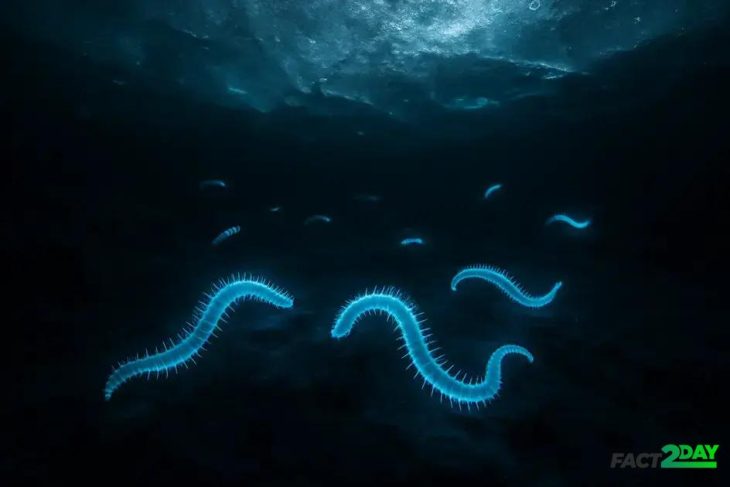 Glowing ice worms: worms glowing in Antarctic ice.